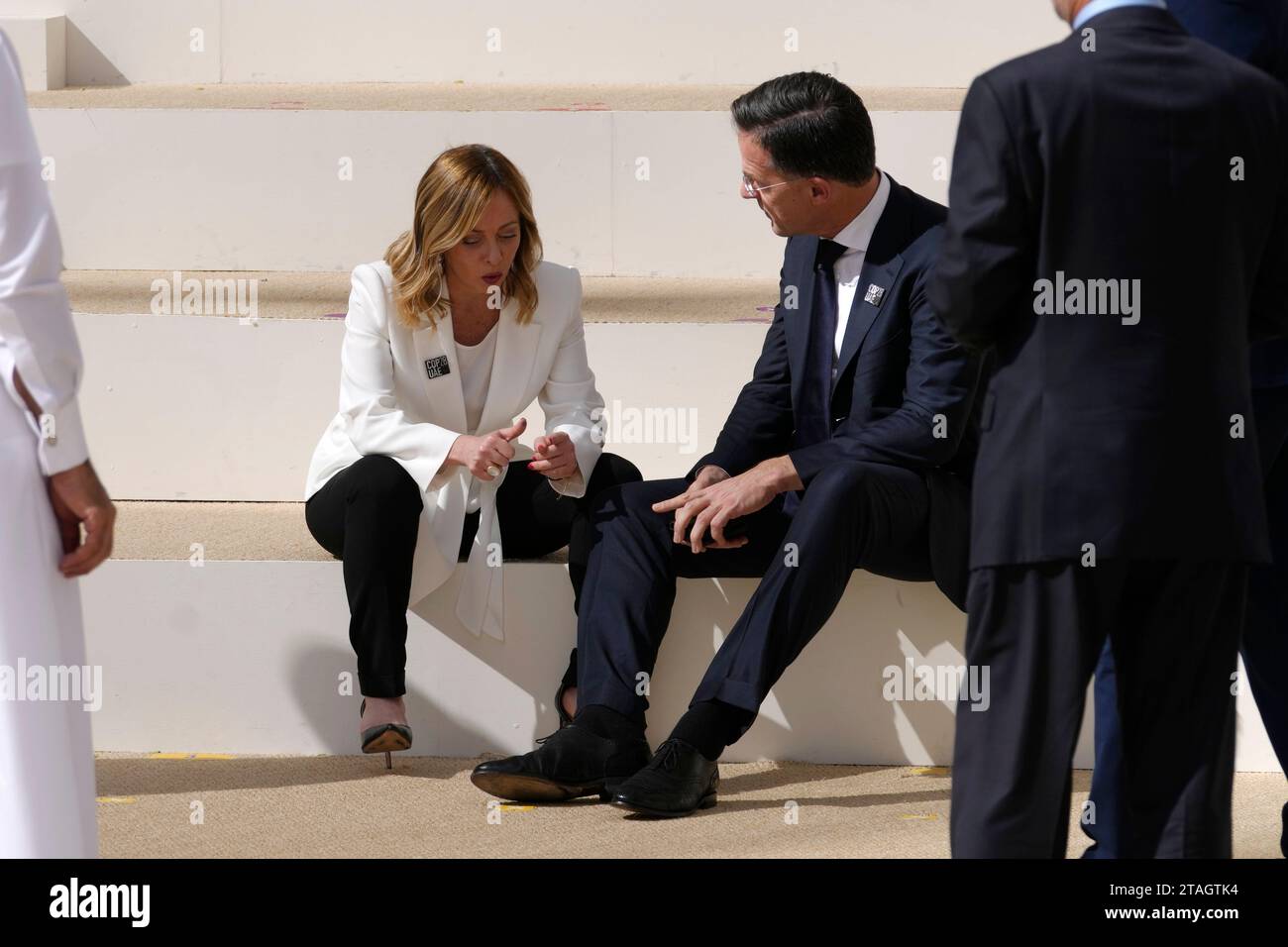 Italy Premier Giorgia Meloni, left, speaks with Netherlands Prime ...