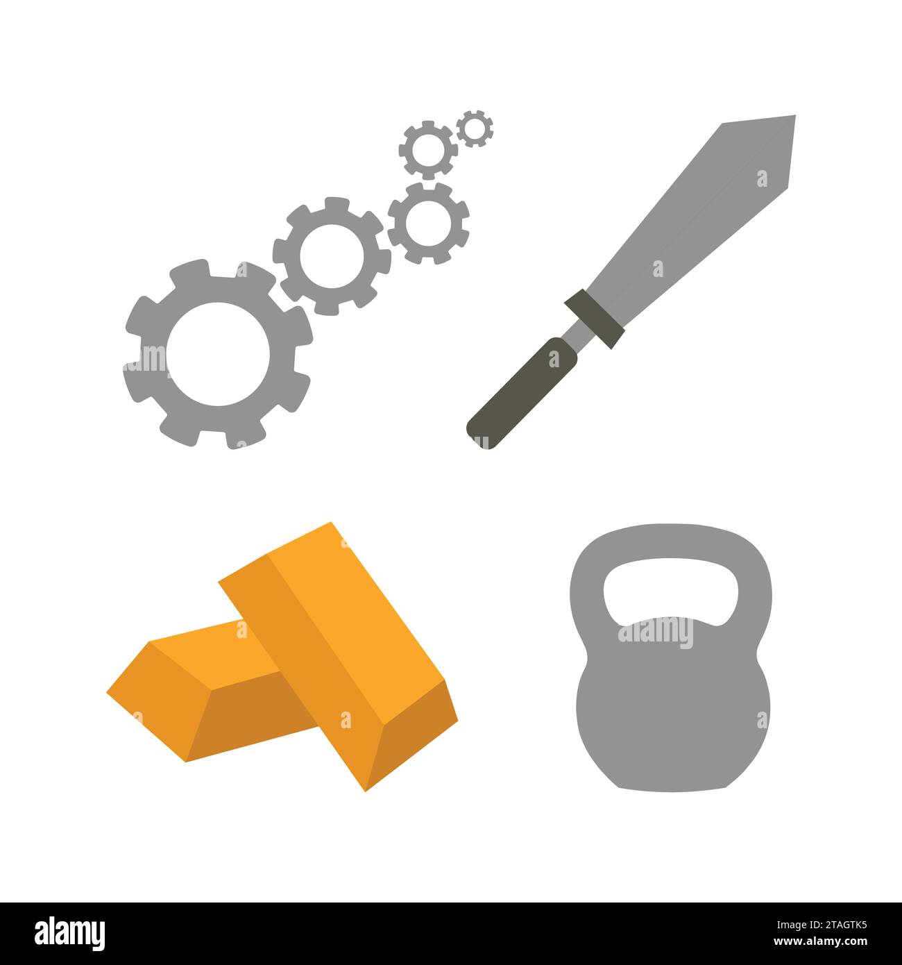 Set of metal elements. Sword, gear, weight and gold ingot vector icon ...