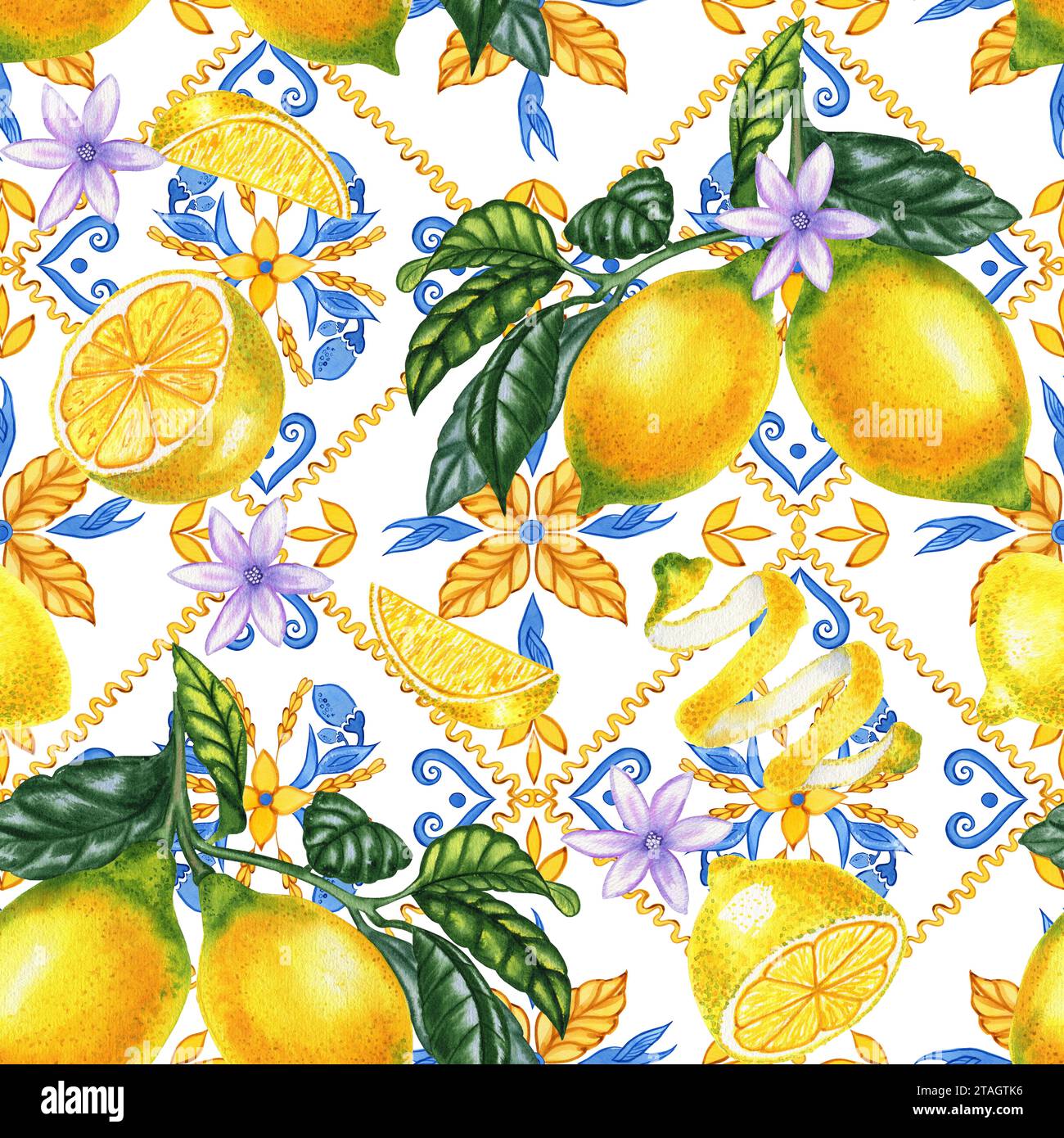 Majolica watercolor seamless pattern. Sicilian hand drawn ornament ...
