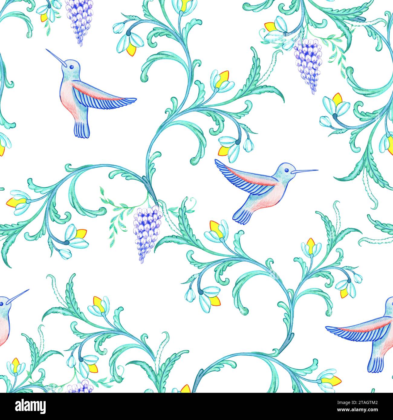 Watercolor seamless pattern in folk style with hummingbirds and flowers ...