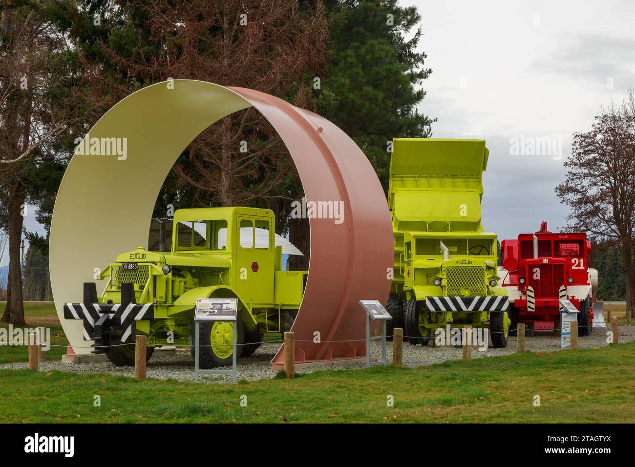 Giant earthmoving equipment on display in a park in Twizel, New Zealand ...