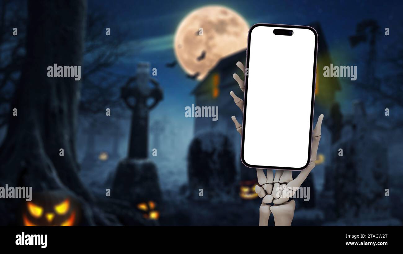 Dead man Skeleton hand holding mockup smartphone on cemetery with full ...