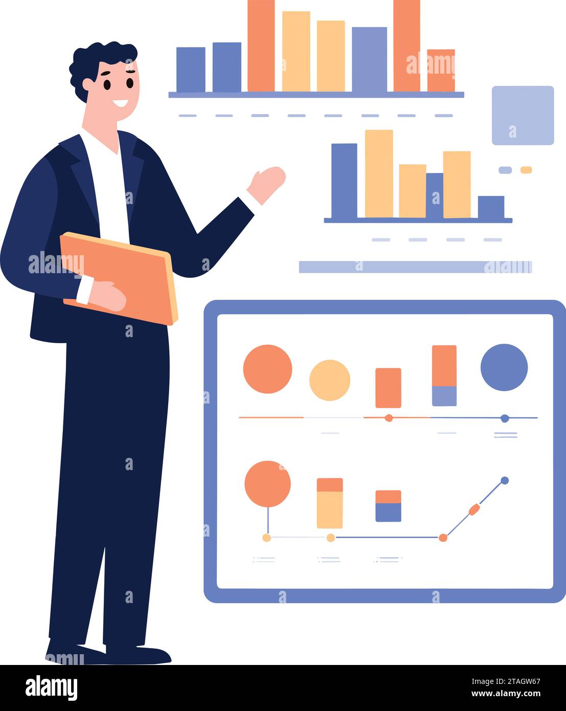 Hand Drawn Businessman with presentation charts in flat style isolated ...