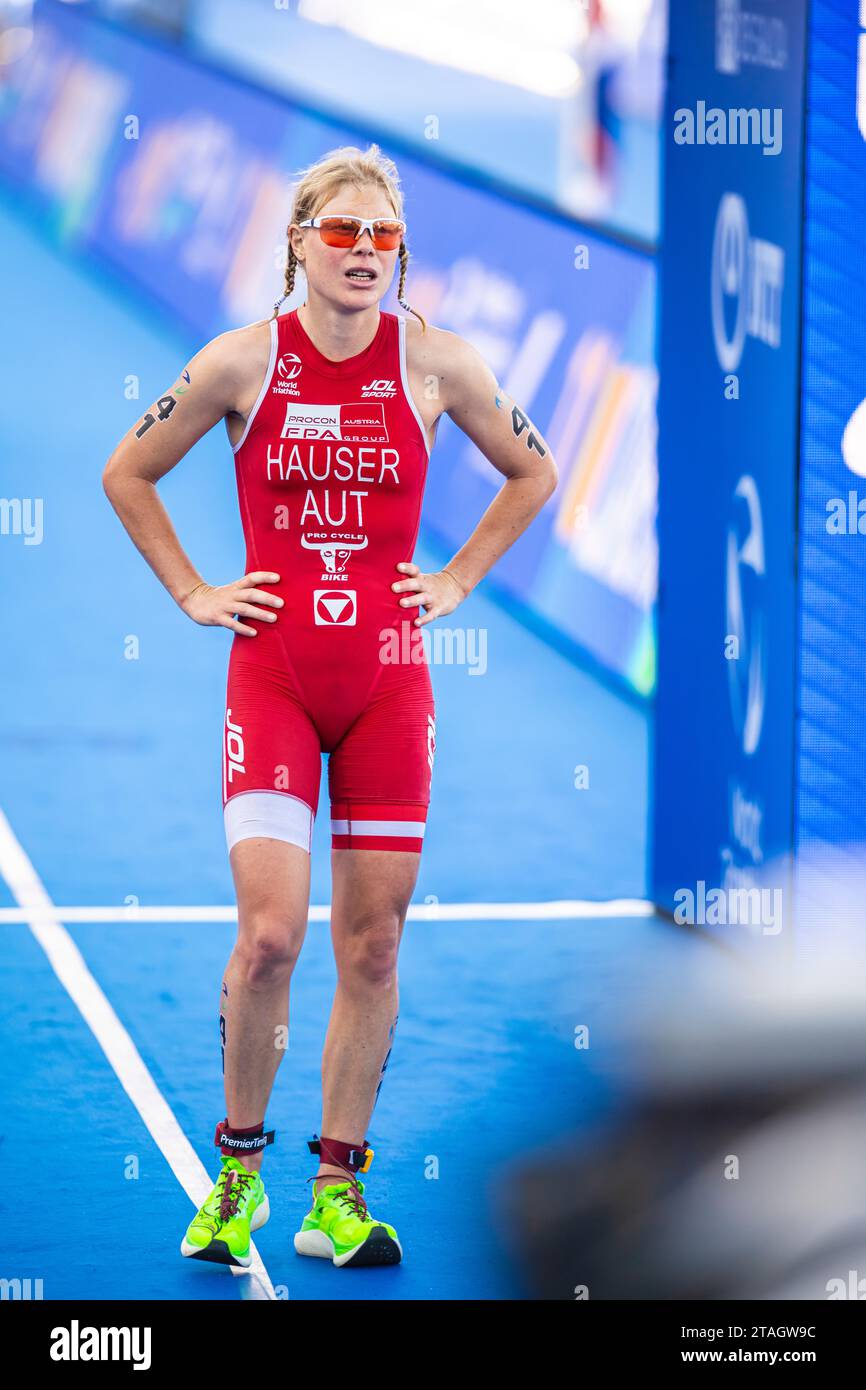 Julia Hauser participating in Pontevedra in the 2023 World Triathlon ...