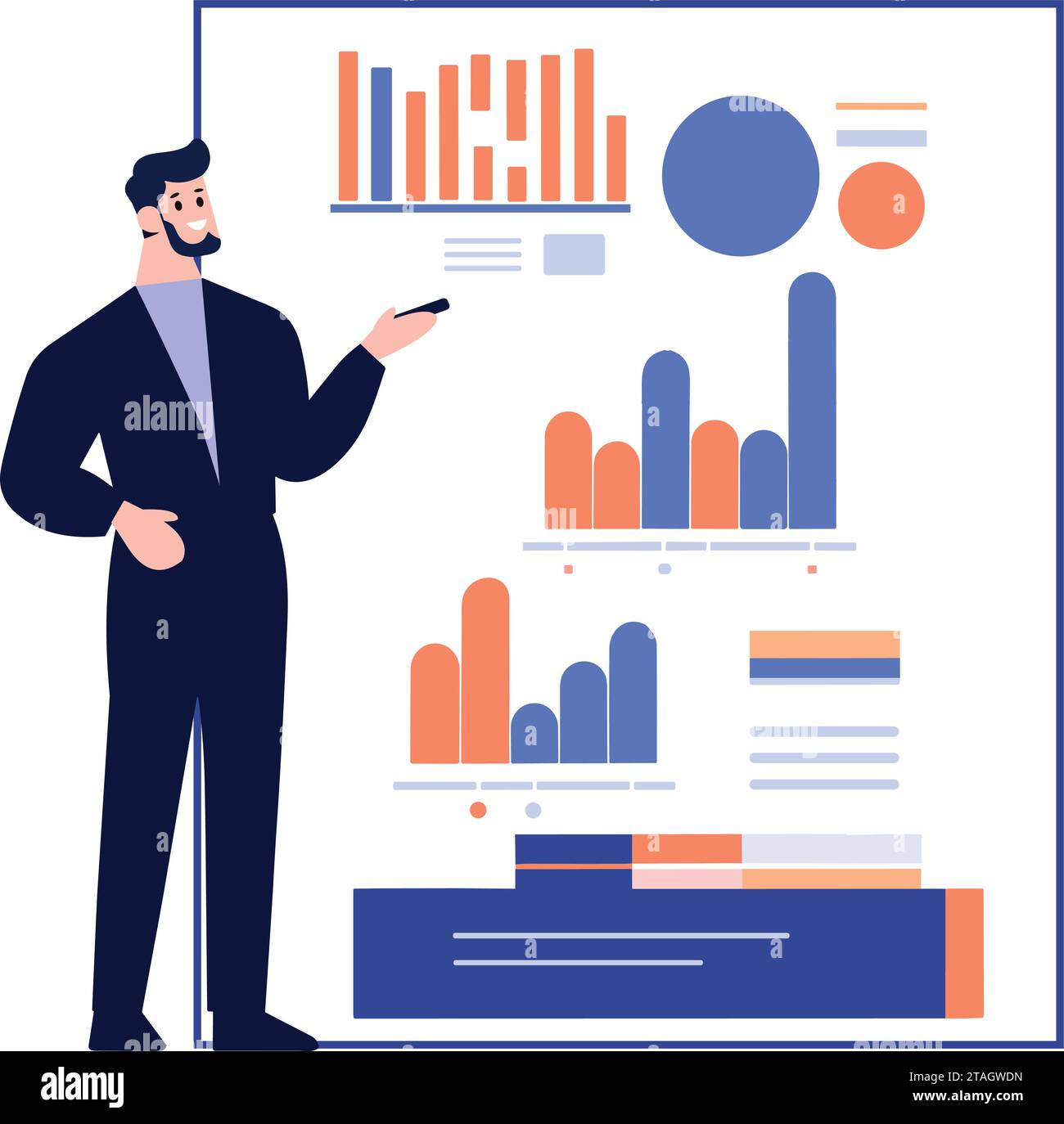 Hand Drawn Businessman with presentation charts in flat style isolated ...