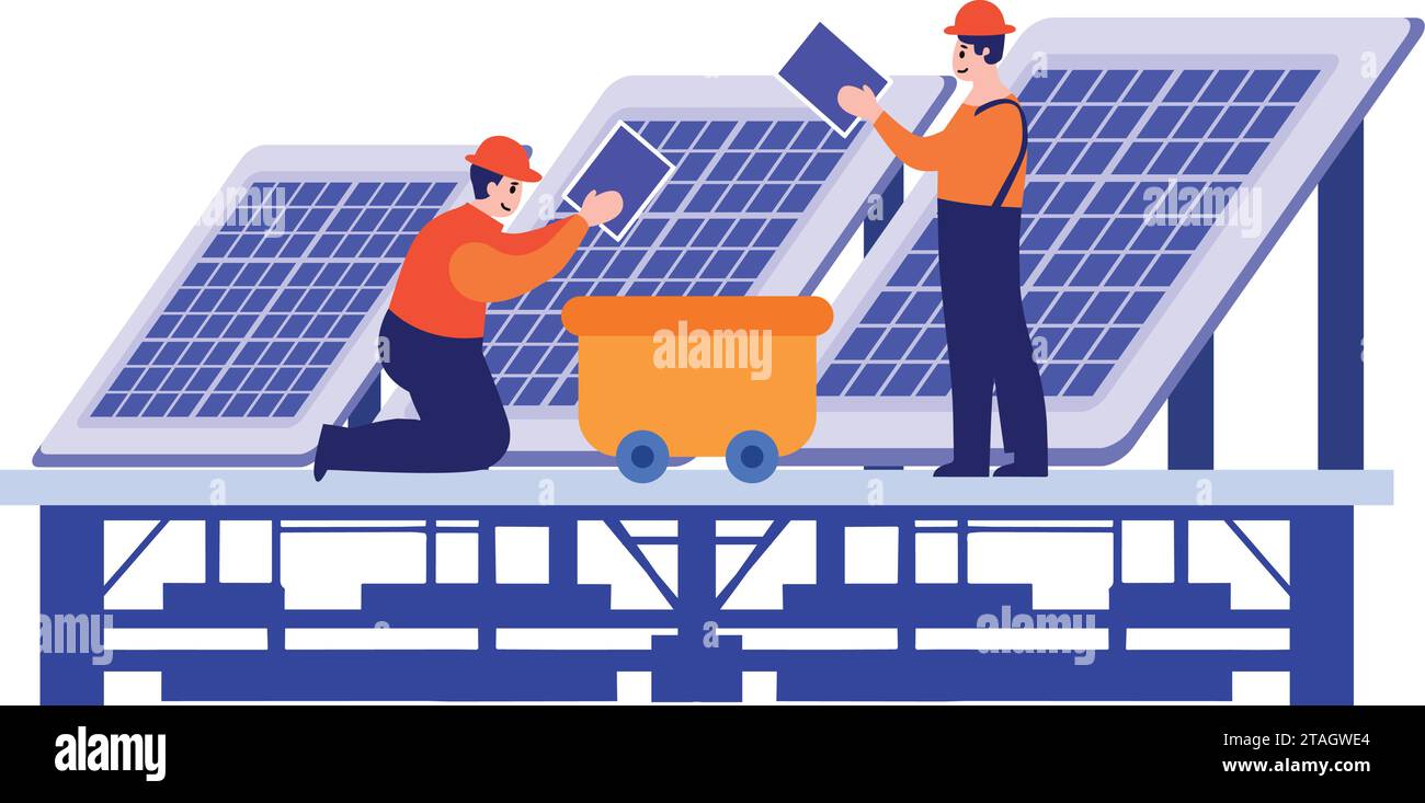 Hand Drawn Engineer installing solar cells in flat style isolated on ...