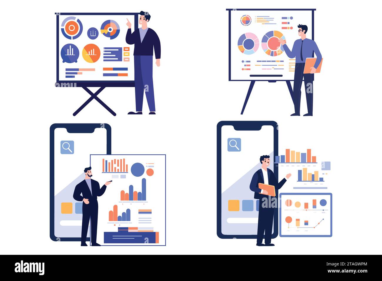 Hand Drawn Businessman with presentation charts in flat style isolated ...