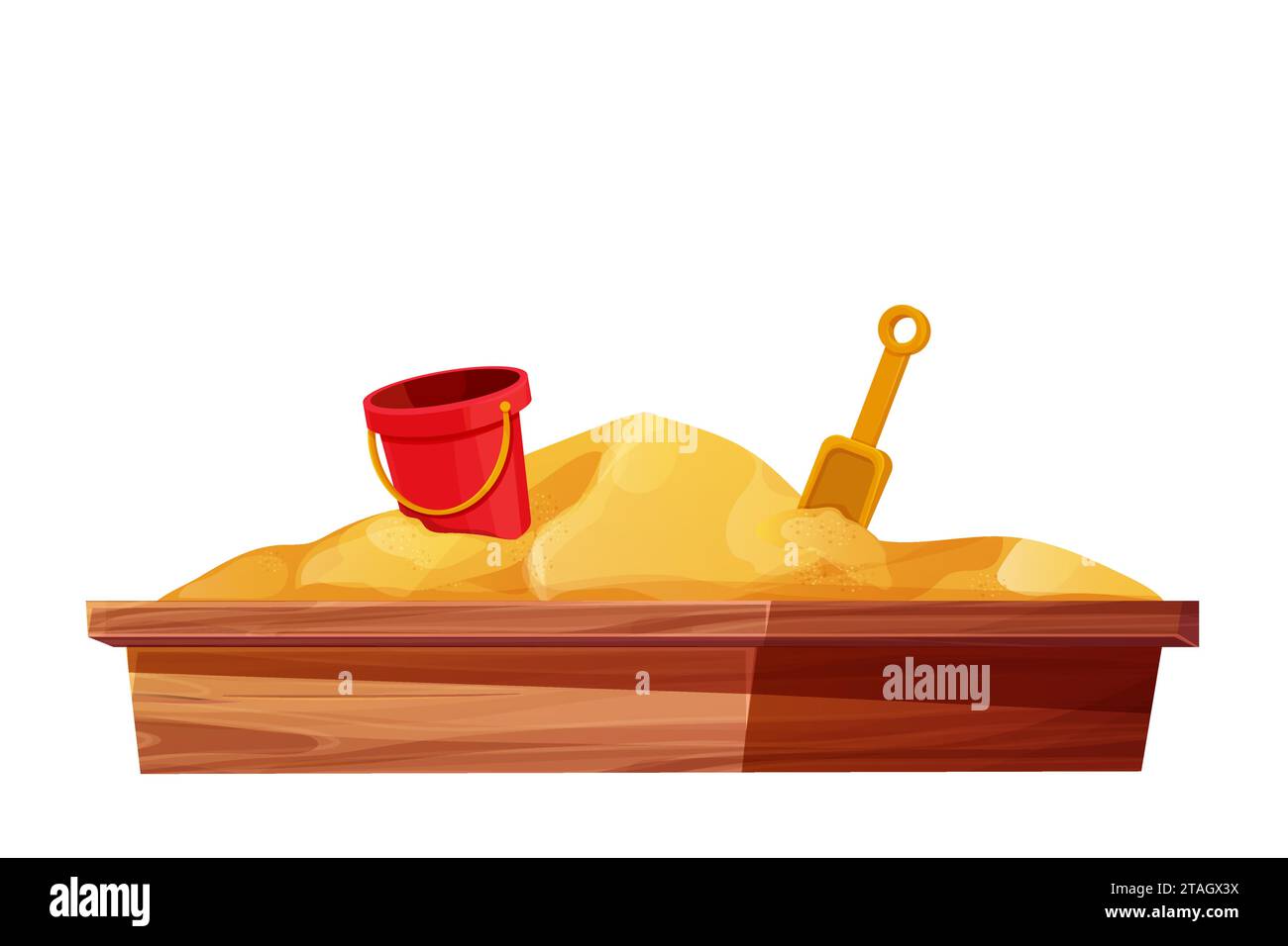 Wooden sandbox with sand pile in cartoon style, playground for kirs ...