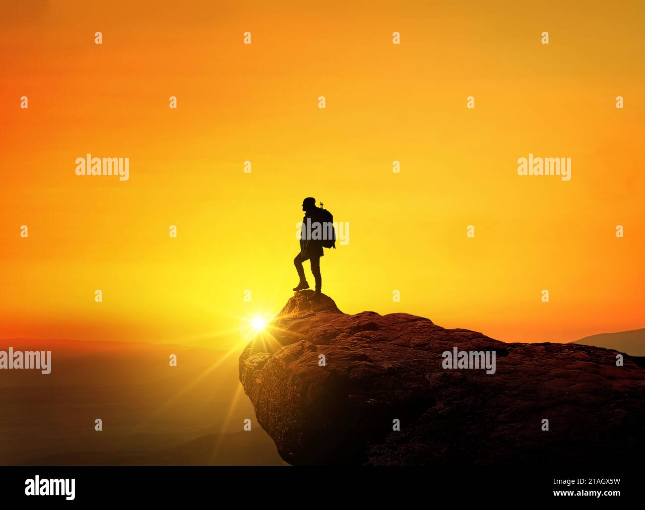 Successful man on top at sunset, concept. Team leadership standing on ...