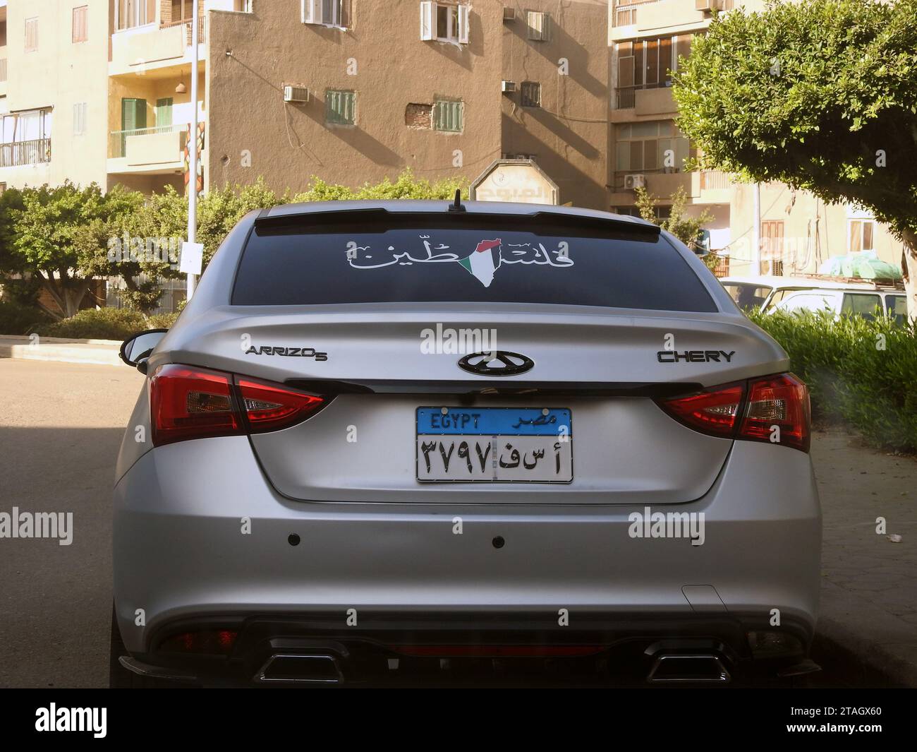 Cairo, Egypt, November 14 2023: Arabic word of Palestine on the back ...