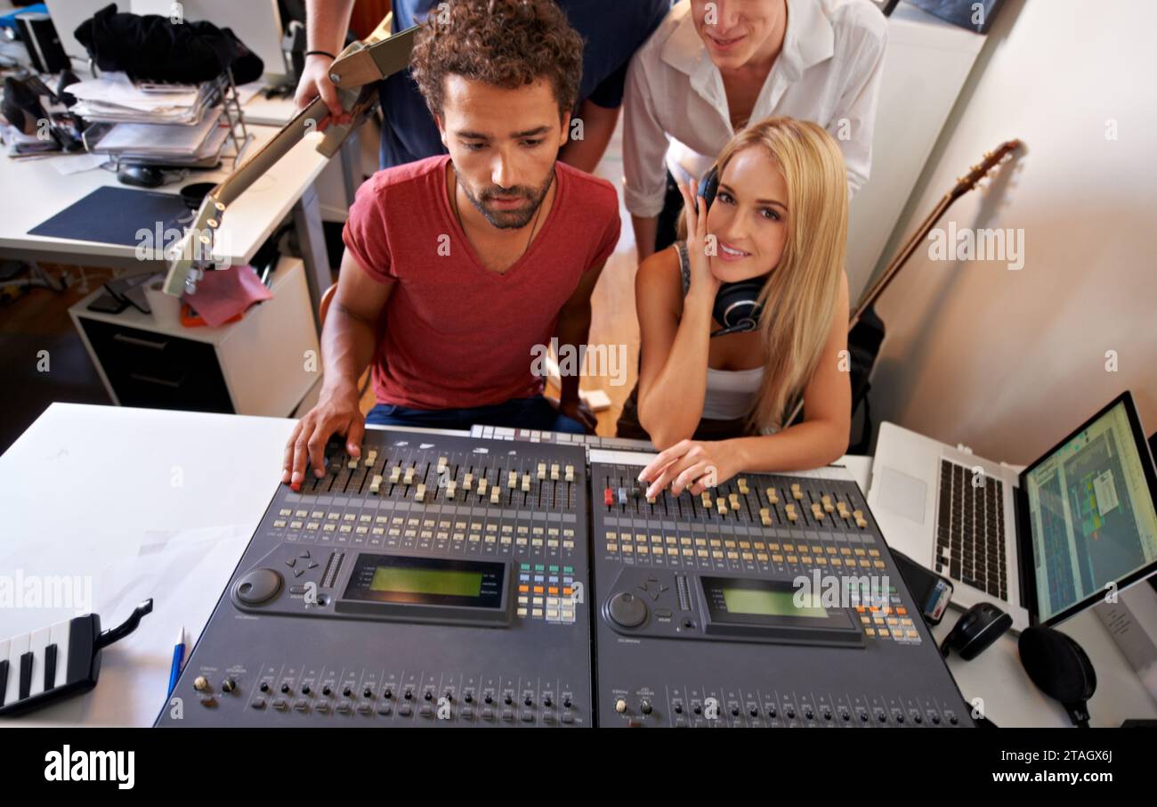 Recording studio, music and people with producer for song, track and ...