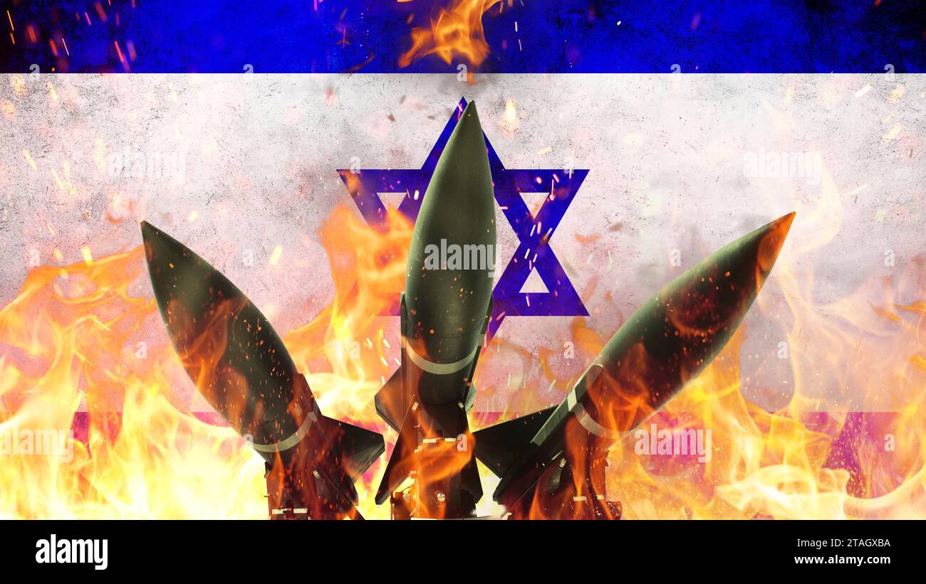 Shock missiles weapons and air defense on a background of Israel flag ...