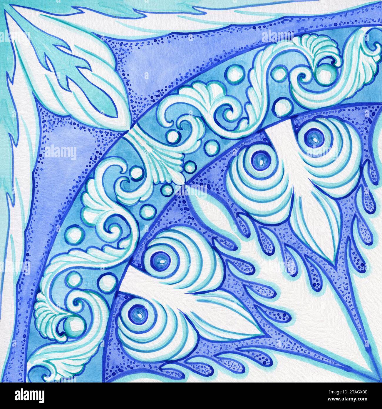 Majolica pattern. Sicilian hand drawn blue ornament. Traditional blue ...