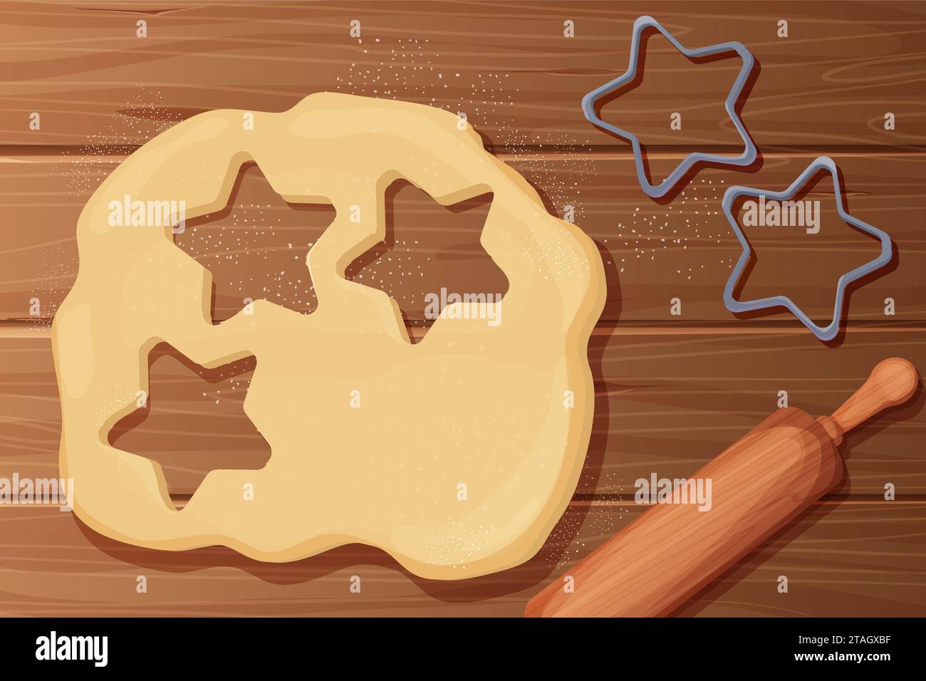 Dough with rolling pin cookie cutter star shape top view cartoon style ...