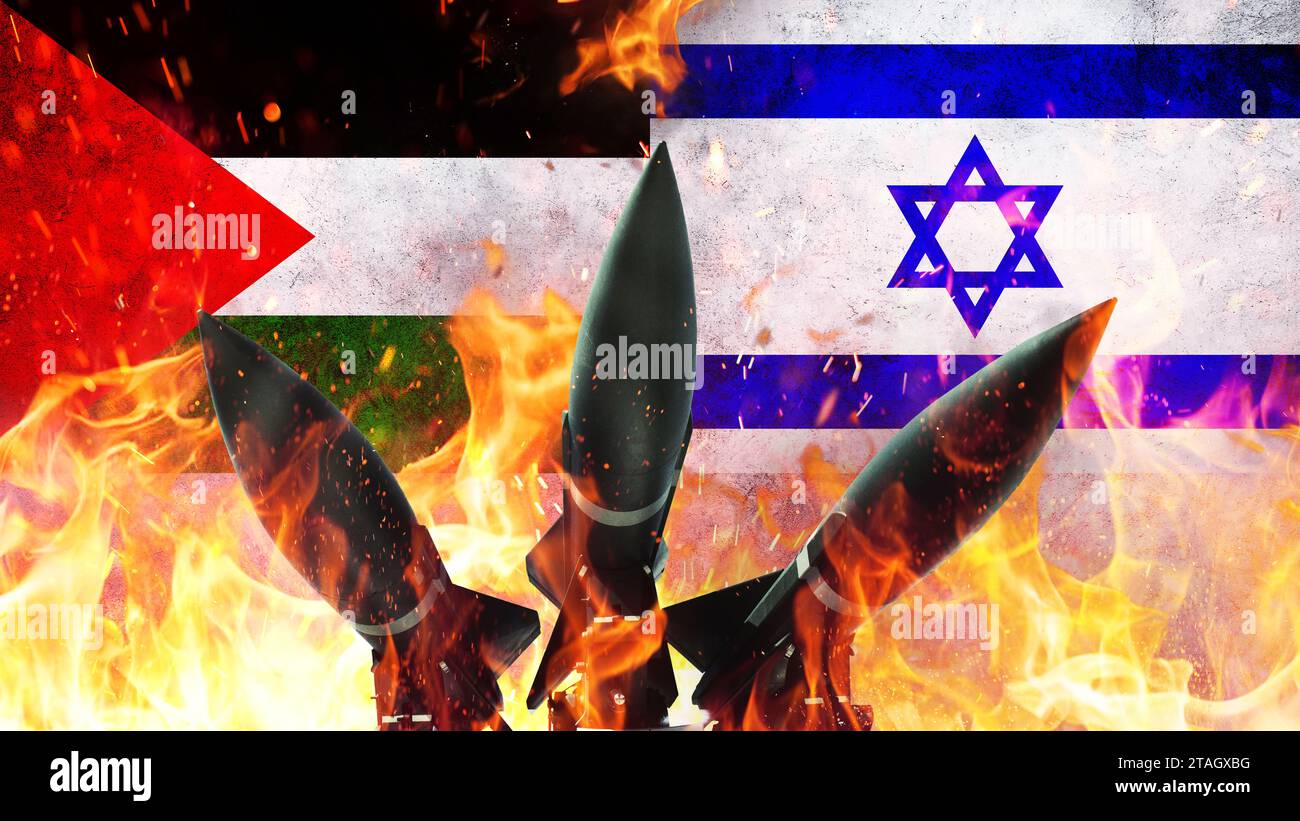 Three missiles weapons rockets with fire, concept. War in Israel and ...