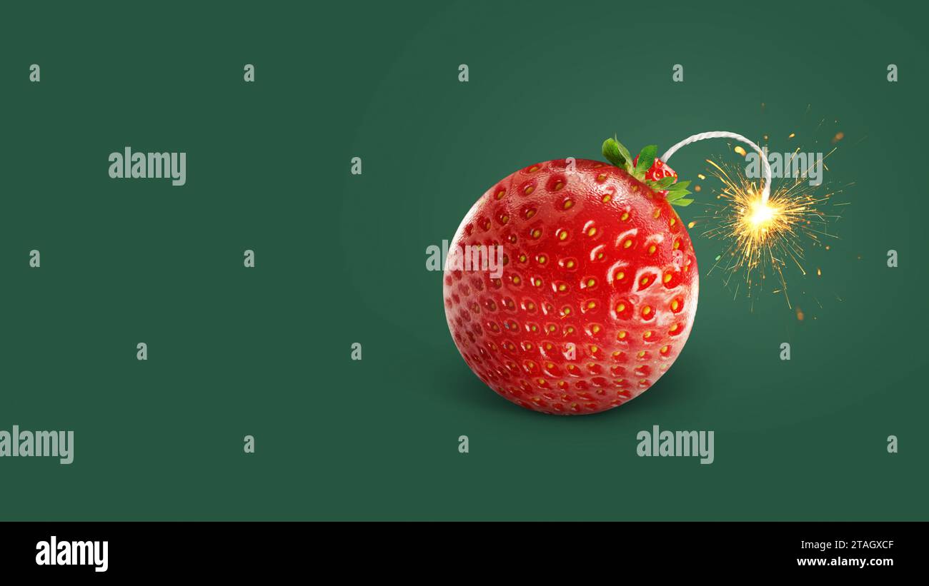 Delicious creative juicy strawberry bomb with wick and sparks burns on ...