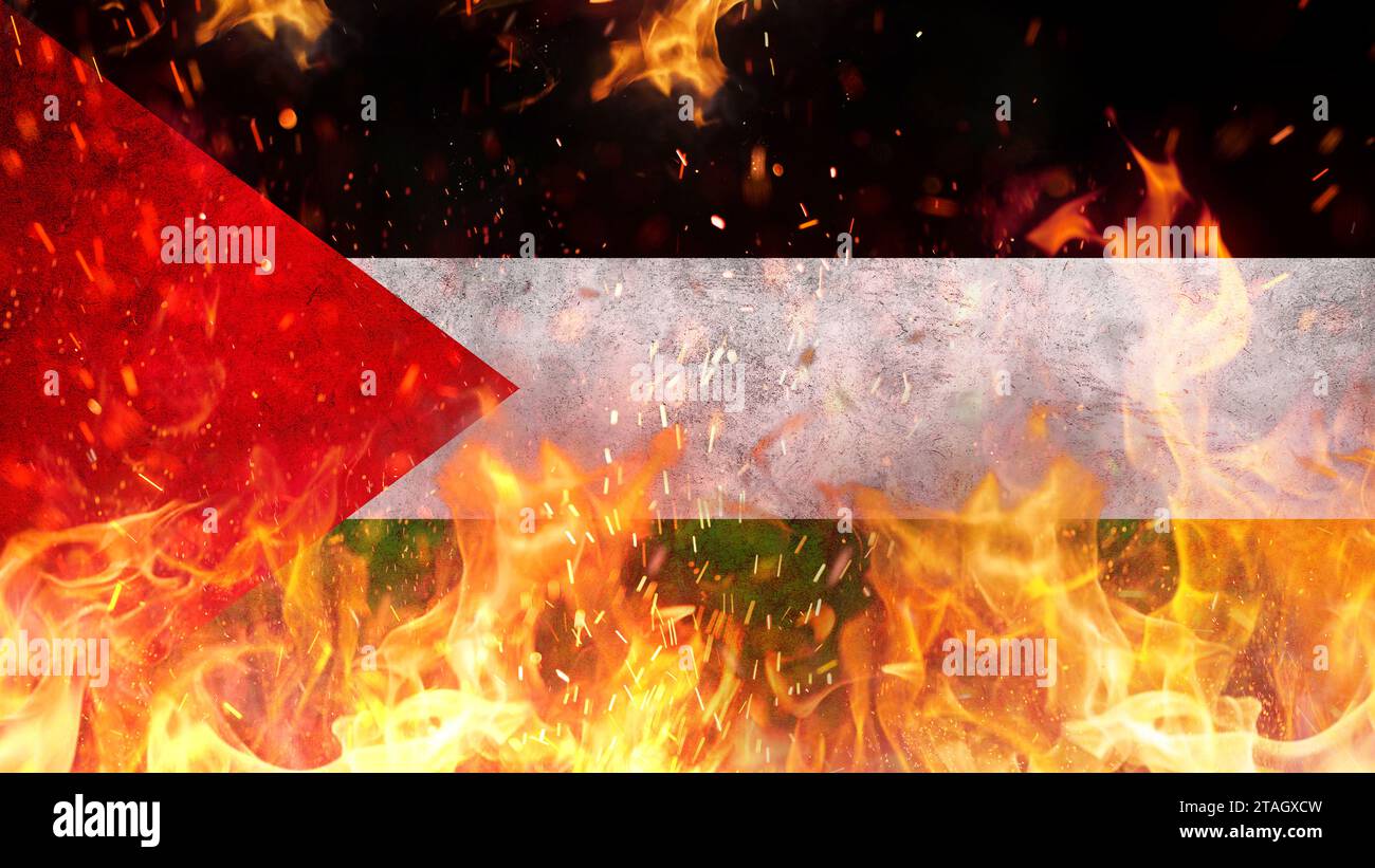Palestine flag on fire with sparks, concept. War in the Gaza Strip ...