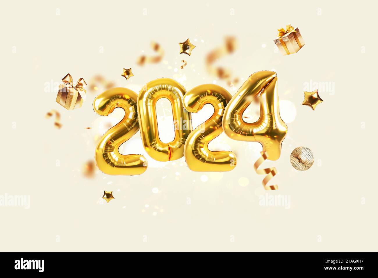 Happy new year 2024 golden balloons with gold confetti, gifts and ...