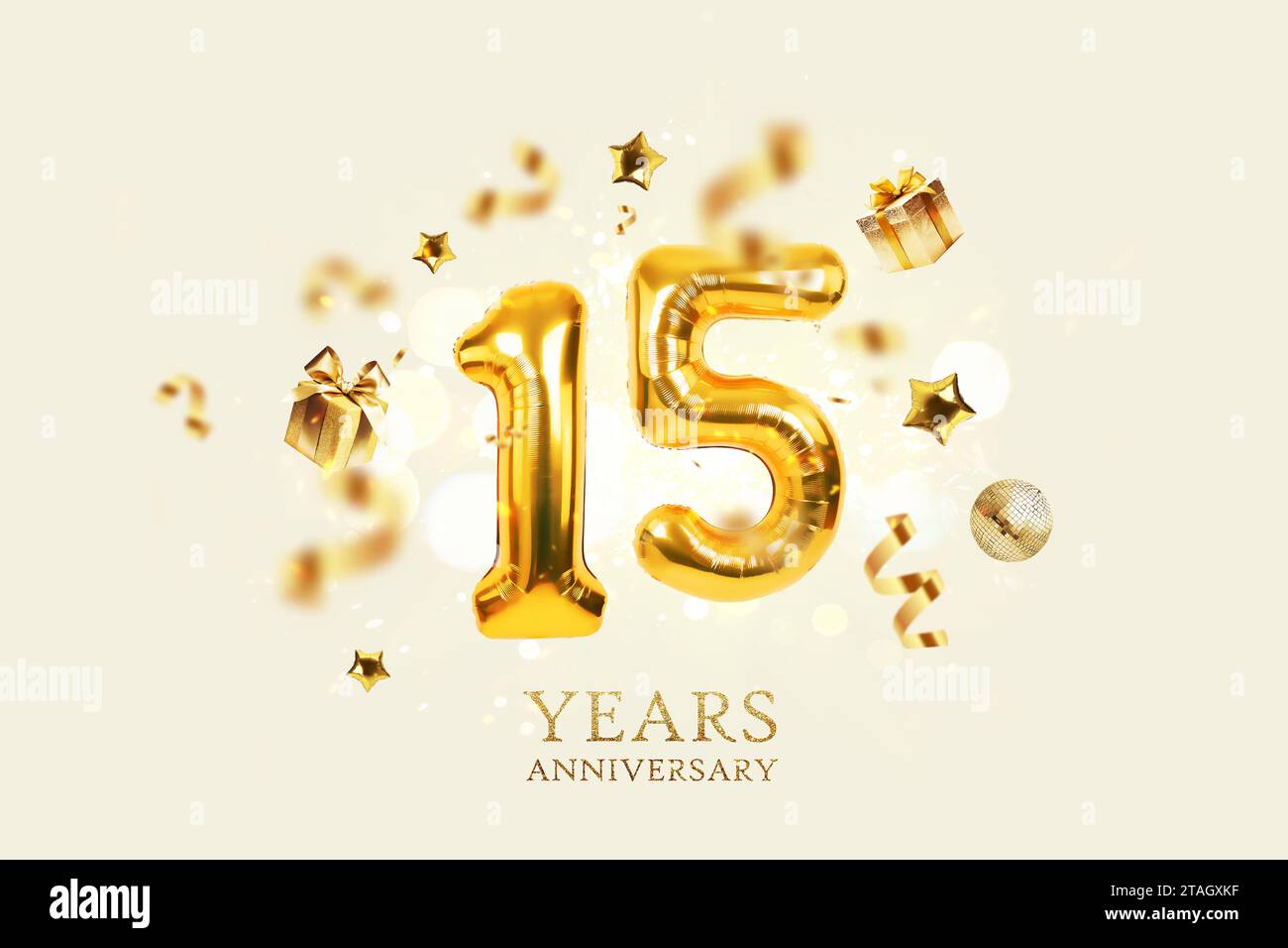 Gold festive balloons 15 years anniversary with golden confetti ...