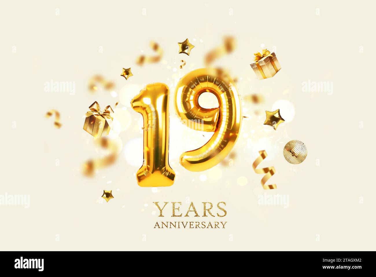 Gold festive balloons 19 years anniversary with golden confetti ...