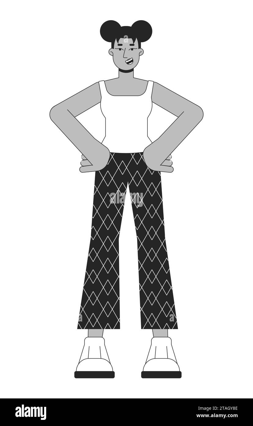 Two Buns Woman African American Power Posing Black And White 2d Line