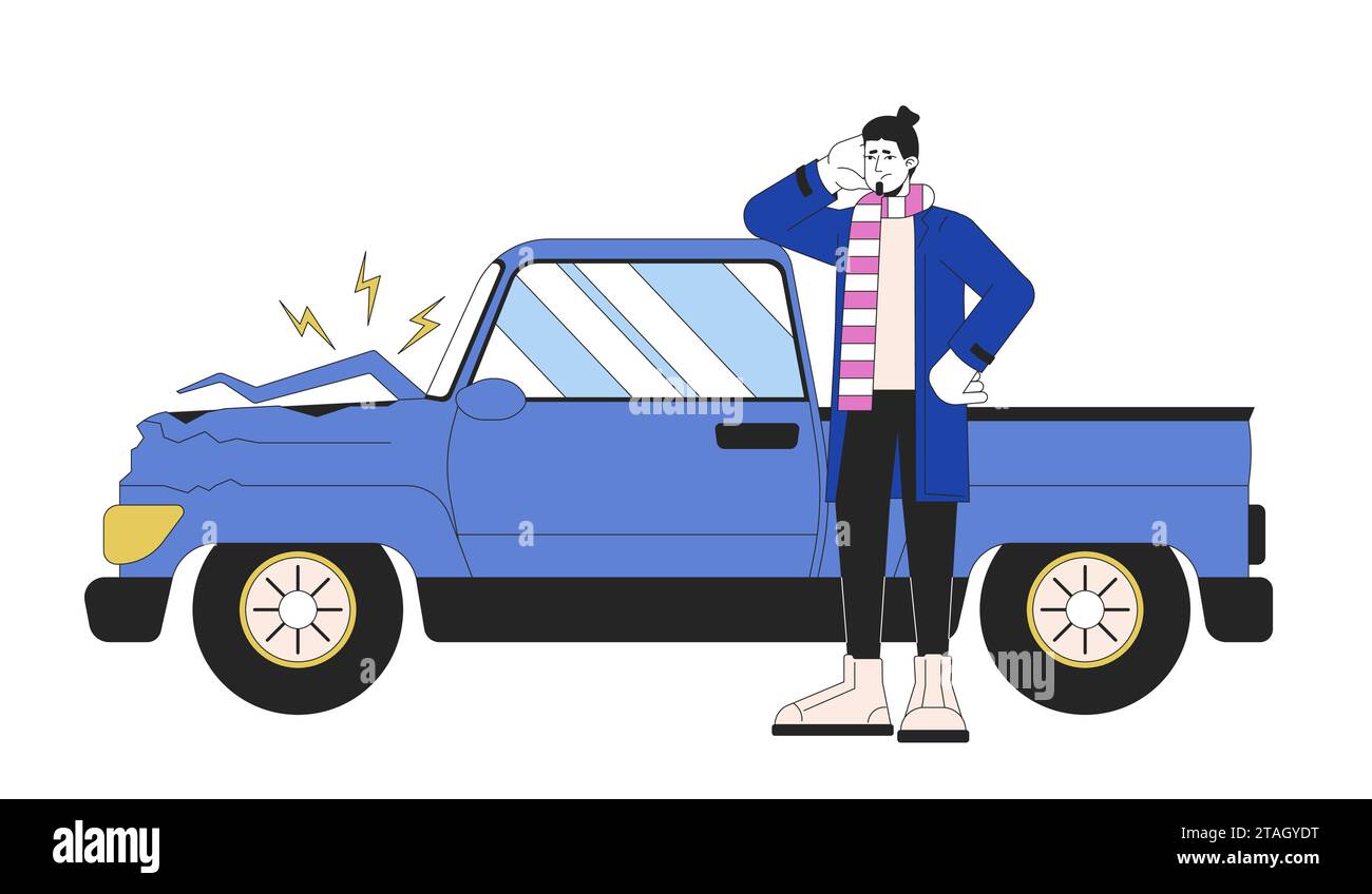 Caucasian sad man near broken vehicle 2D linear cartoon character Stock ...