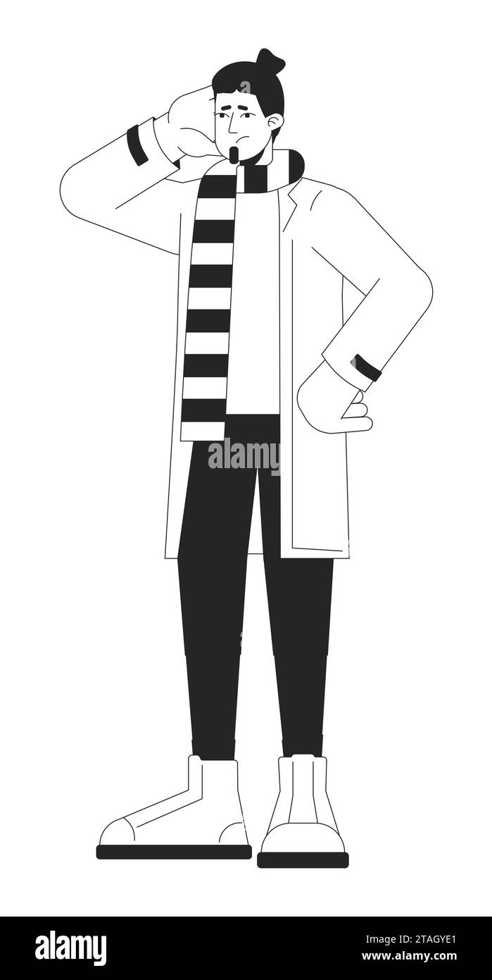 Disappointed caucasian man in winter outerwear black and white 2D line cartoon character Stock ...