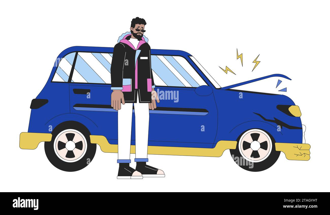 Distressed black man near damaged vehicle 2D linear cartoon character ...