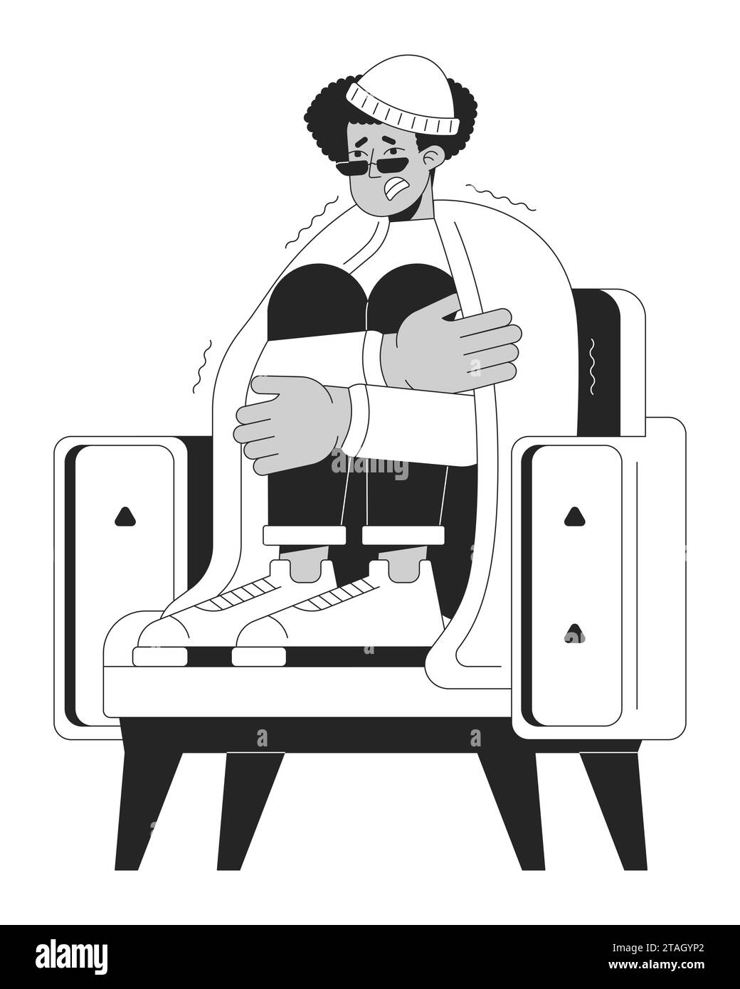 Latino man in armchair sitting under blanket black and white 2D line cartoon character Stock ...
