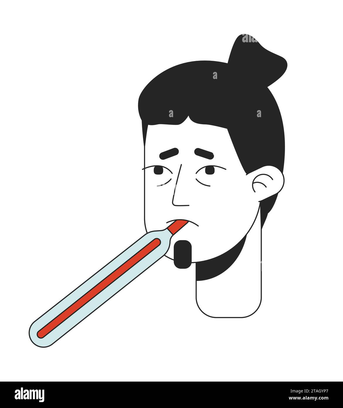 Caucasian Adult Man Measuring Oral Temperature 2d Linear Vector Avatar
