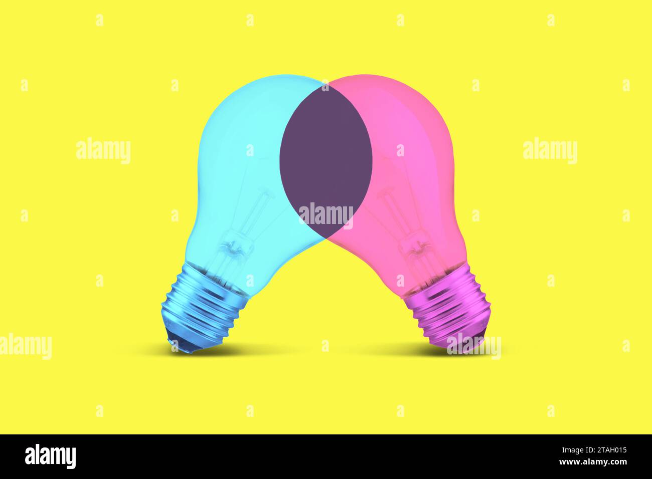 Blue and pink creative light bulb combine into purple color on yellow background, creative idea ...