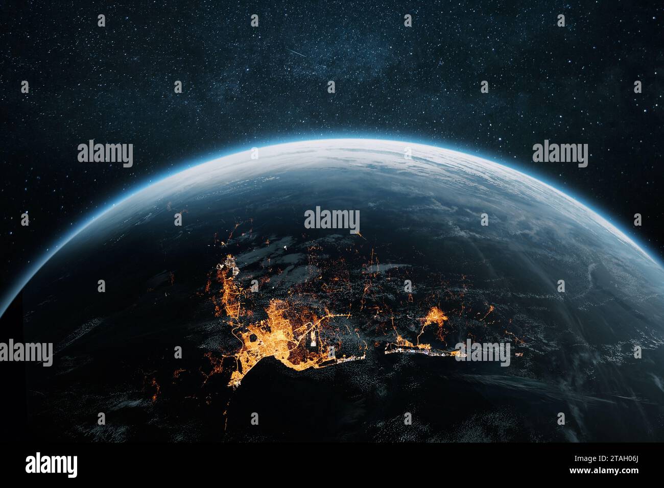 Beautiful night city of Istanbul with city lights from space. Amazing ...