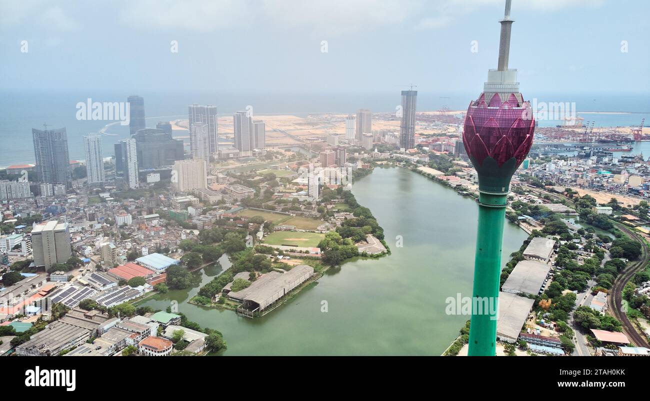 Aerial view of the main attraction, the Lotus Tower in the capital of ...