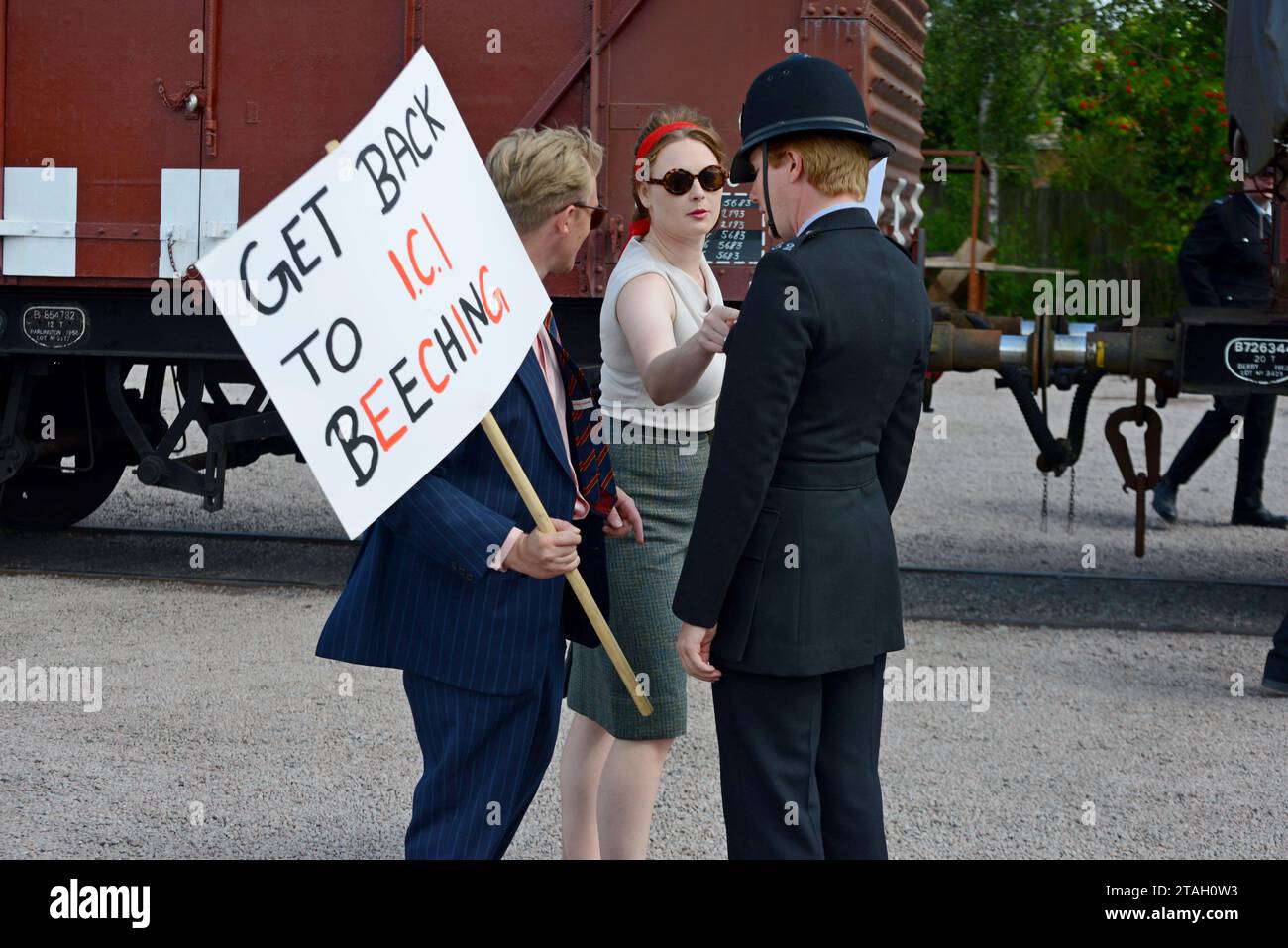1960's re-enactors stage an anti Dr Beeching railway closure protest at ...