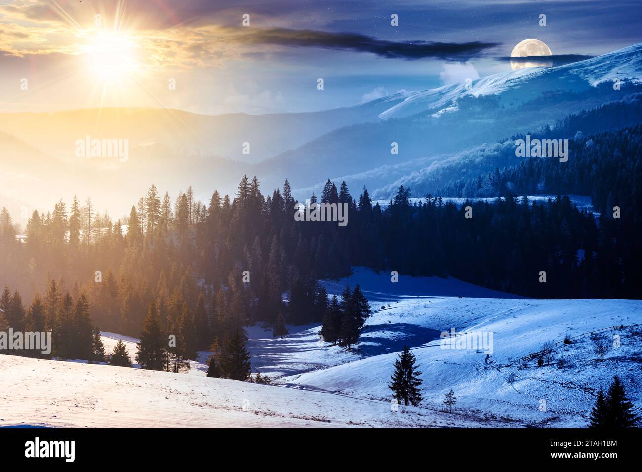 winter solstice in carpathian mountains. landscape with forested snow ...