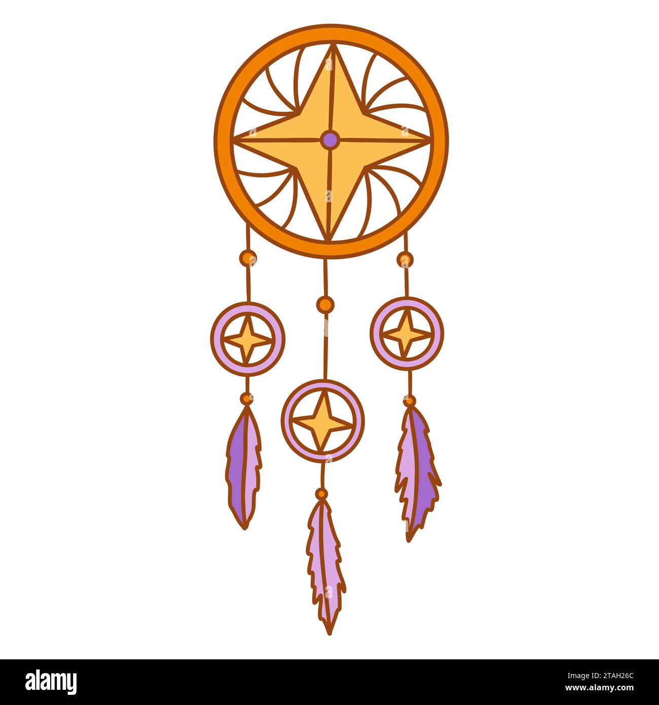 Dreamcatcher with three purple feathers and yellow stars. Protective ...