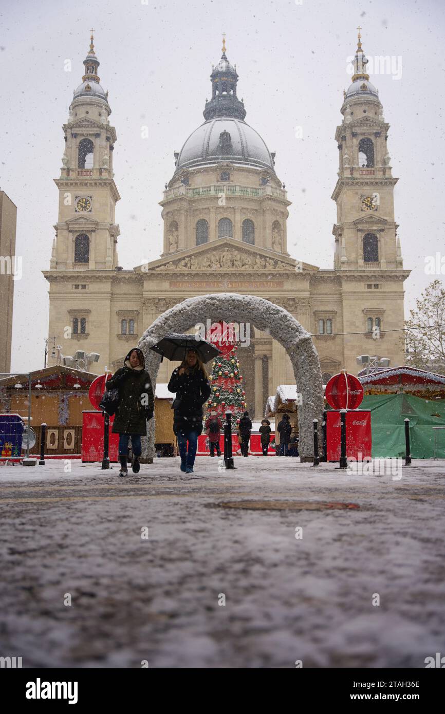 Budapest, Hungary - November 30, 2023: Snowy morning at a Christmas ...