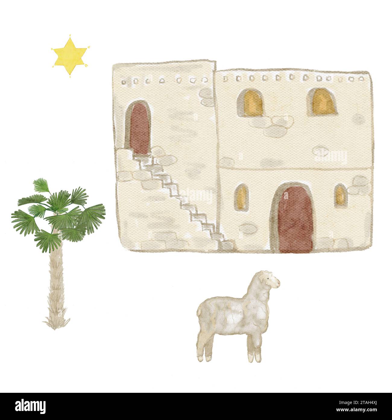 Hand painted watercolor ancient jewish house palm sheep star set ...