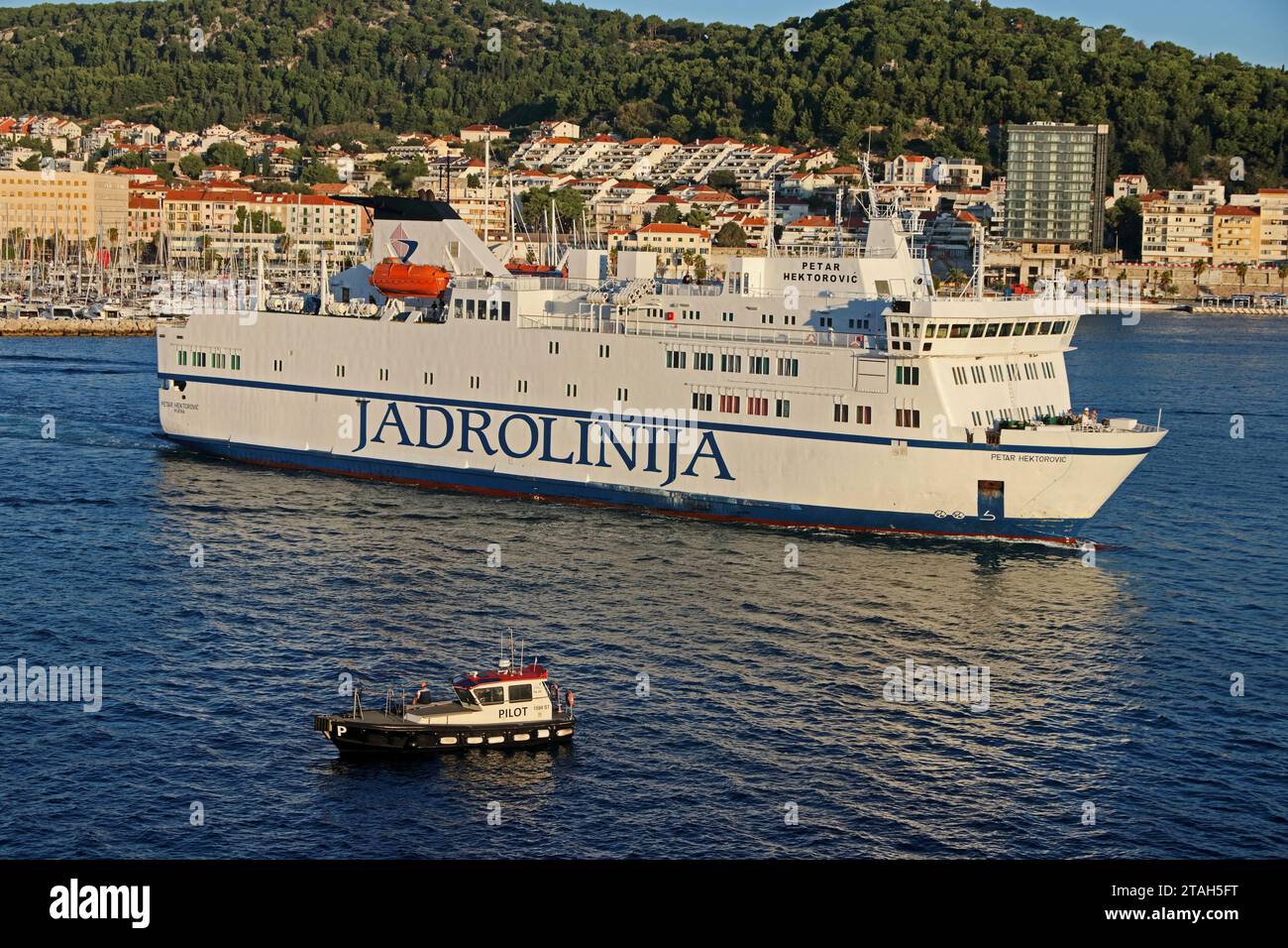 Jadrolinija ferry ship "Petar Hektorovic" leaving port of Split ...