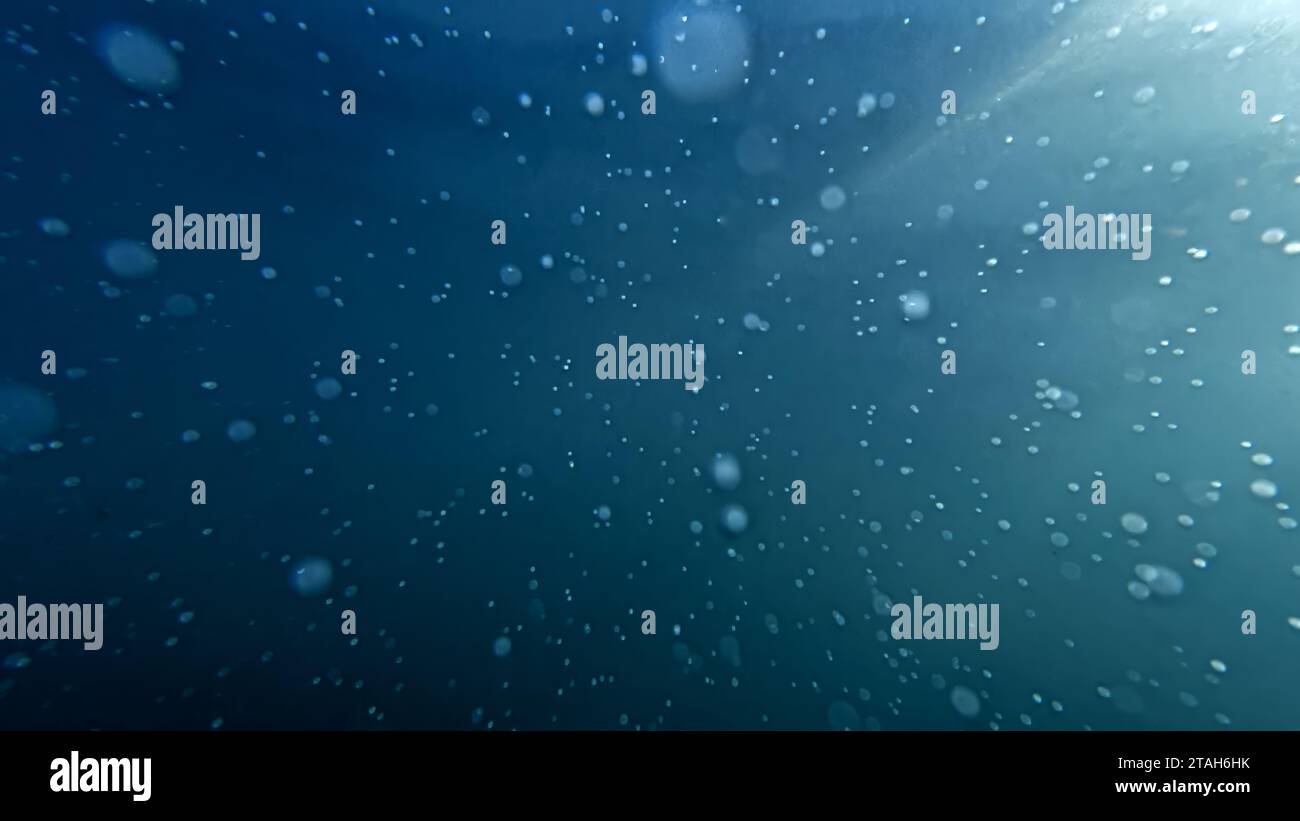 Tiny rising air bubbles lit by sun rays in clear blue sea water Stock ...