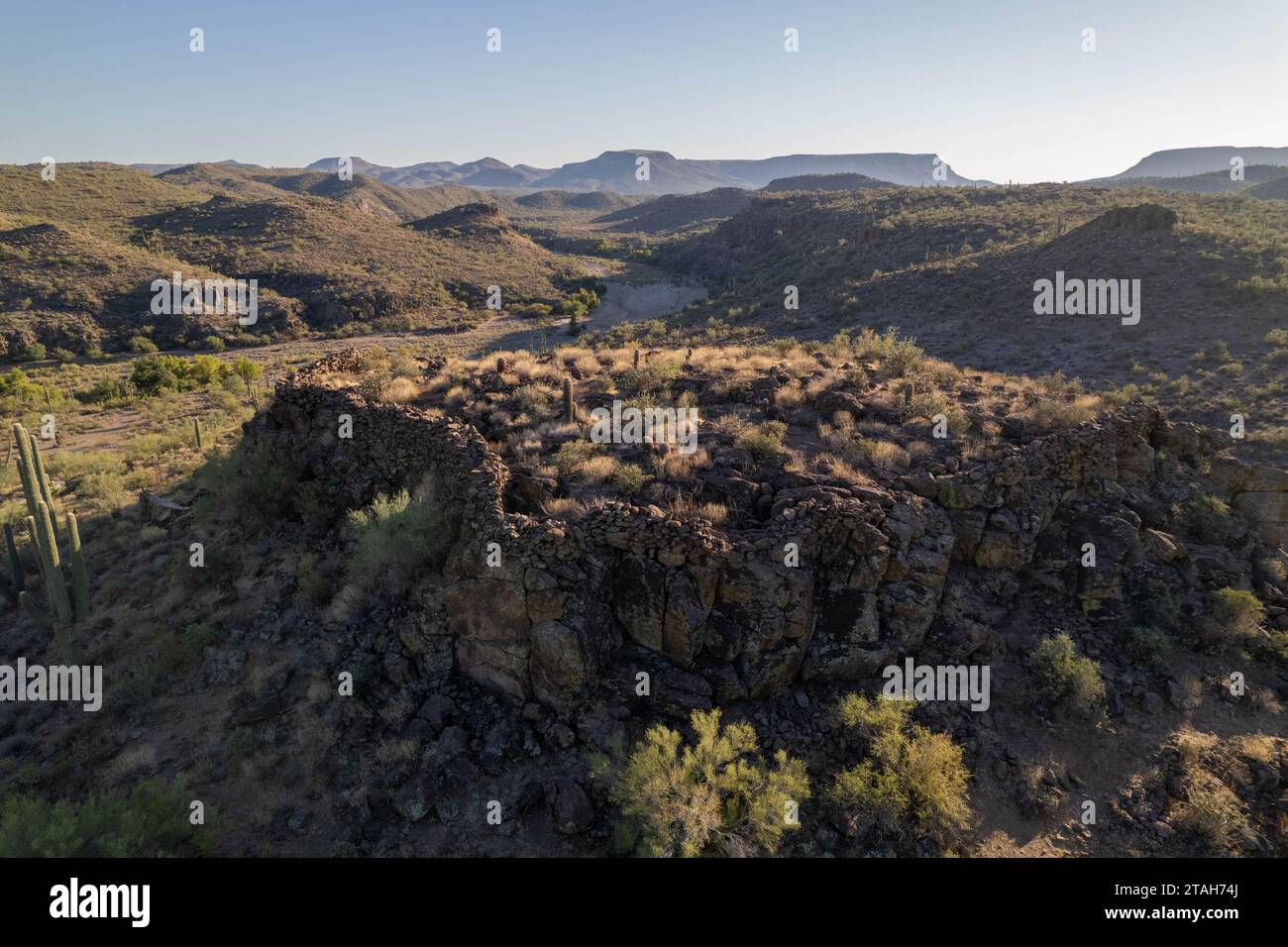 An aerial view of native American ruins overlooking the dry Agua Fria ...
