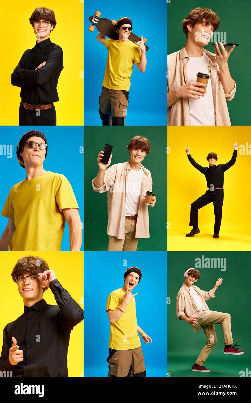 Collage made of images of expressive young handsome man in different ...