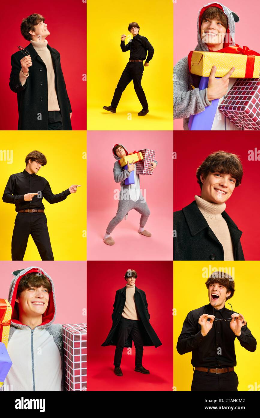 Collage made of photos of expressive young handsome guy in different ...