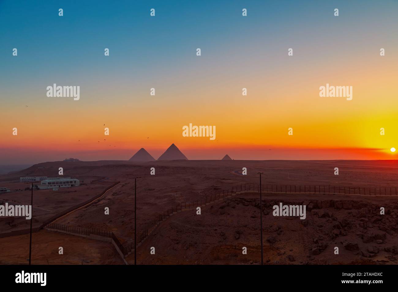 The Great Pyramids of Egypt at dawn. Desert landscape, the only ...