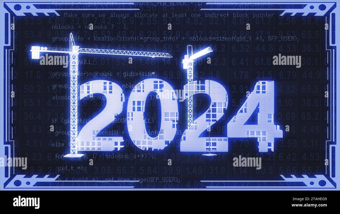 Two tower cranes building a volumetric figure of 2024 in blue tinting ...