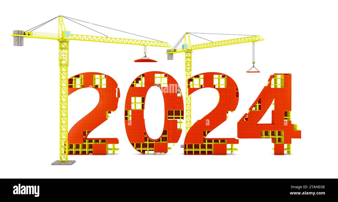 Two tower cranes building a volumetric figure of 2024. 3d render Stock ...
