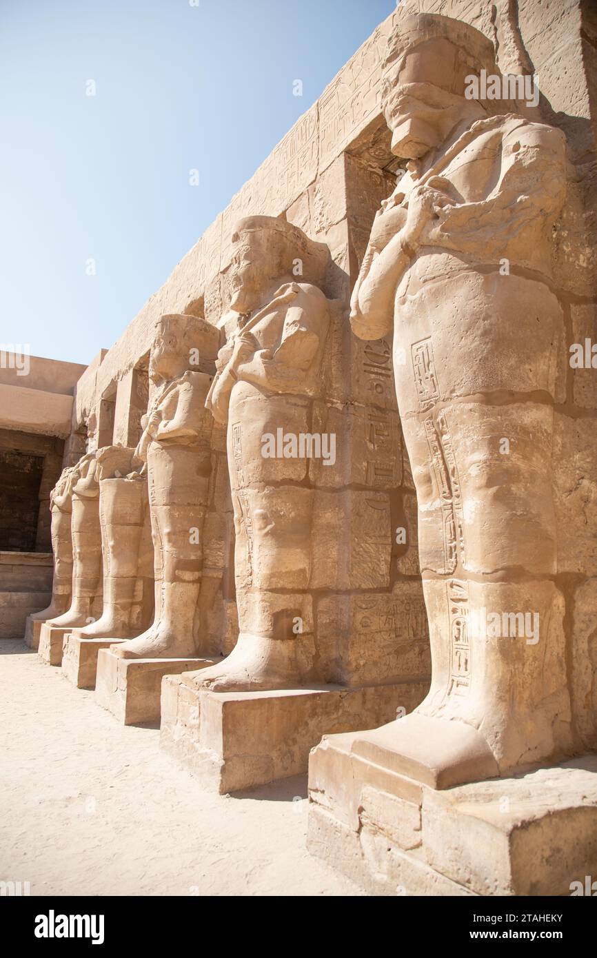 Egyptian ancient statues of pharaohs at Karnak temple, Luxor Stock ...