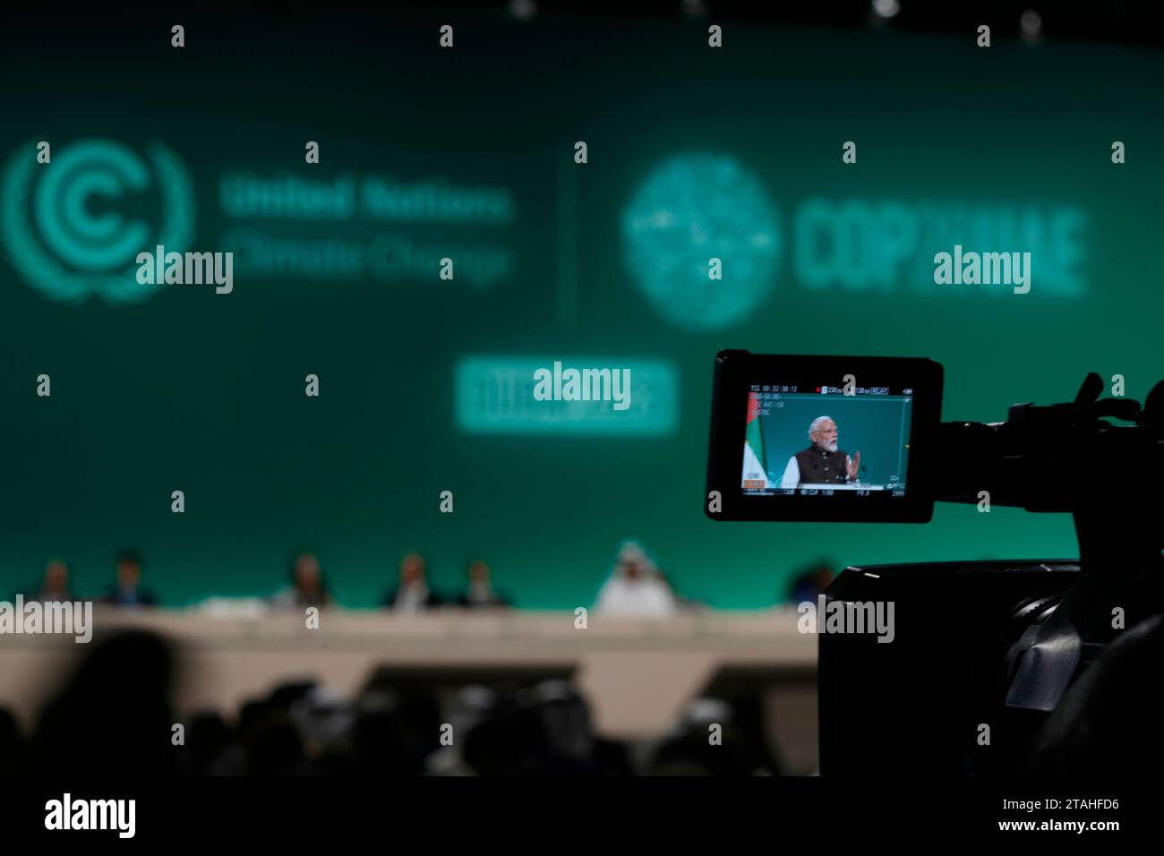 India Prime Minister Narendra Modi is visible on a camera as he speaks ...