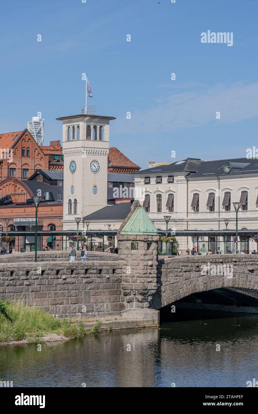 An scenic view of Malmoe, Sweden, with a river intersecting a sprawling ...