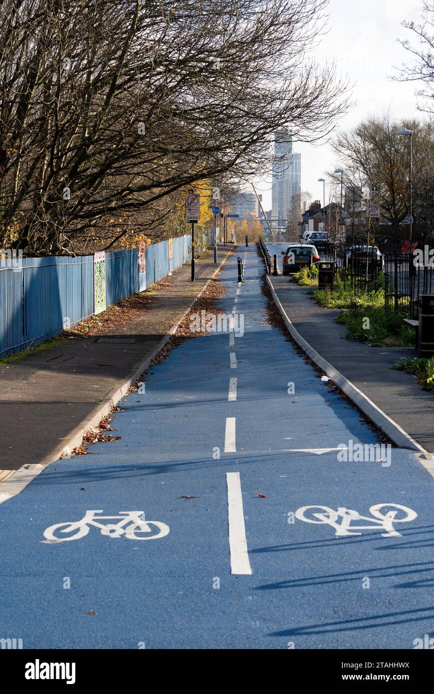 Blue surfaced cycle path, Northbrook Street, Birmingham, West Midlands ...